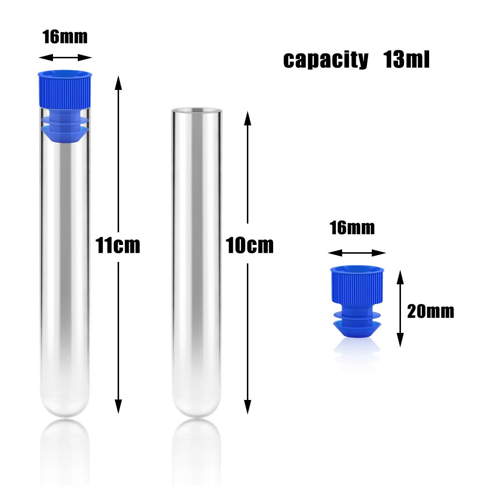 WYKOO 50 Pcs 13ml Clear Plastic Test Tubes with Blue Cap, 16x100mm Vials Container Sample Tubes for Liquid, Scientific Experiments, Craft, Party Supplies, Candy Storage, Home Decoration