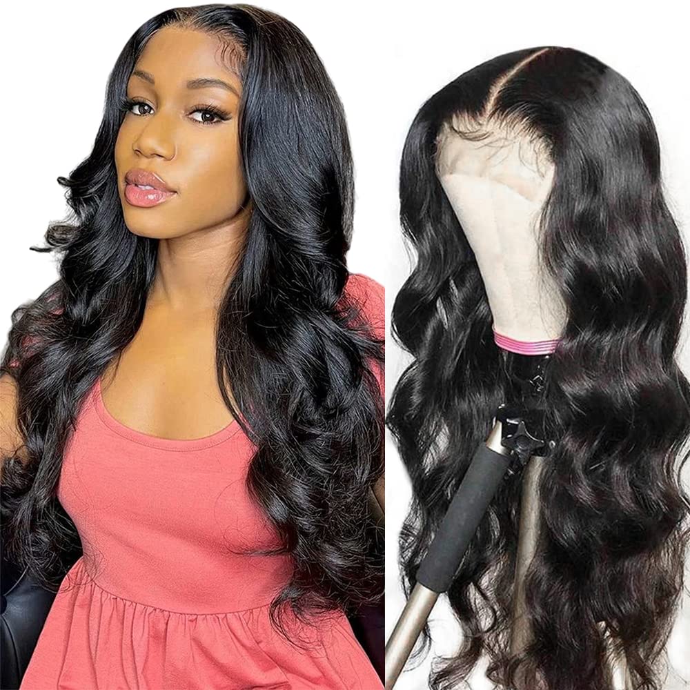 180% High Density HD Transparent Body Wave Lace Front Wigs 4X4 Brazilian Virgin Human Hair Pre Plucked with Baby Hair Glueless Lace Closure Wigs for Women (24inch,Natural Black)