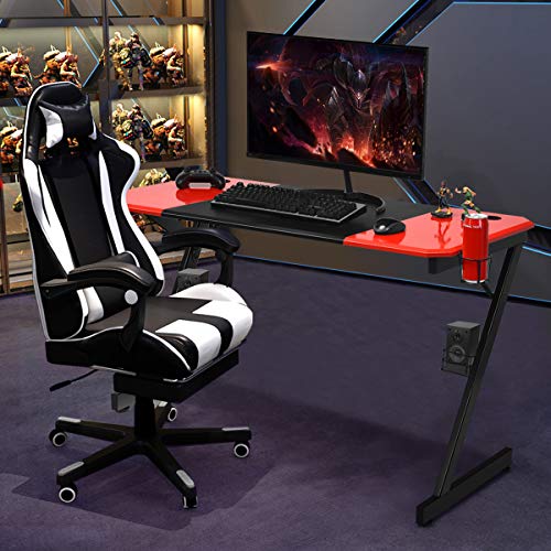POWERSTONE Gaming Desk - Computer Desk 47" with Cup Holder Audio Stands Headphone Hook and 2 Cable Management Holes Large Gamer Workstation for Kids Adults, Z-Shaped, Red