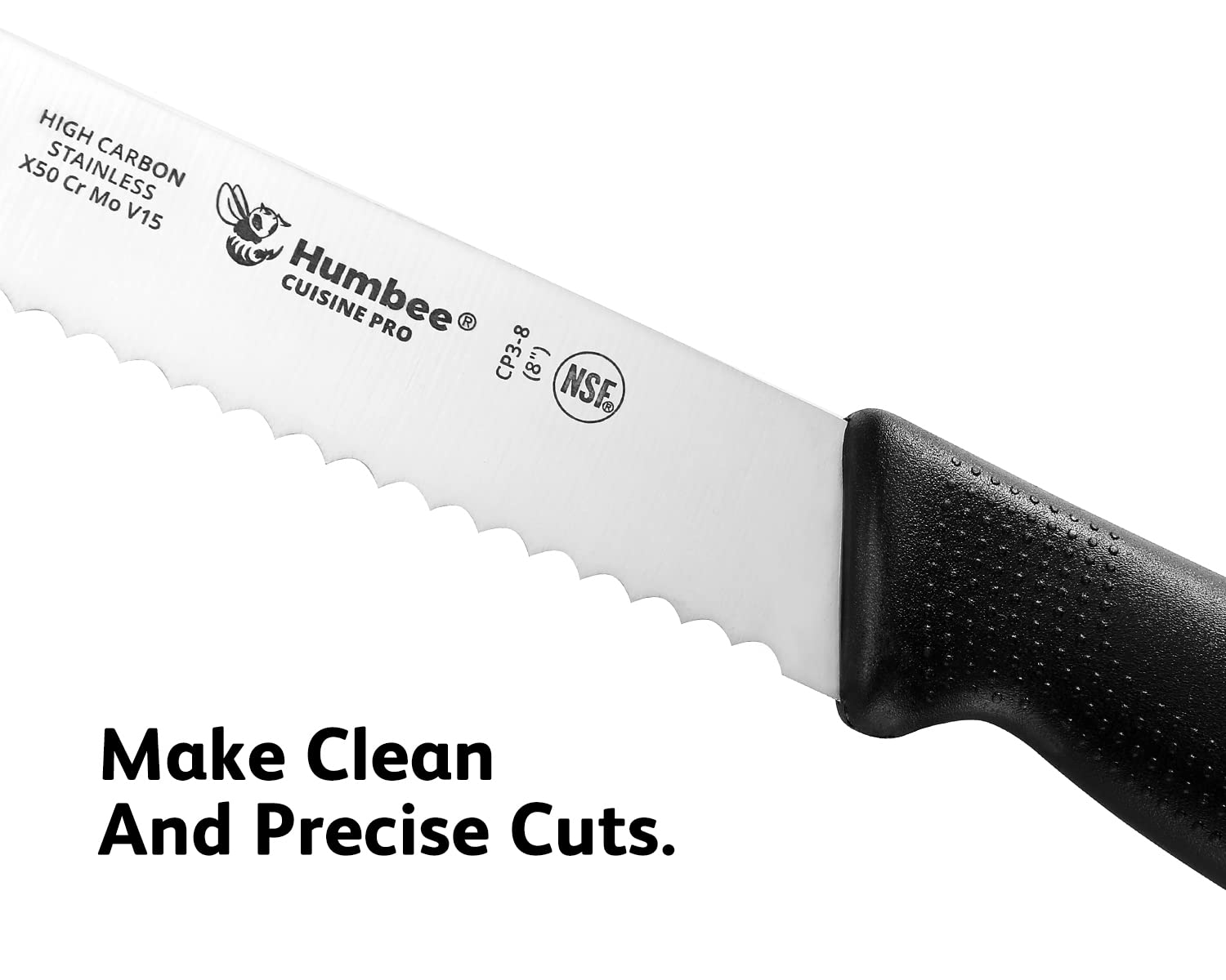 Humbee Cusine Pro, 8 inch Bread Knife, Serrated Knife Wave Razor-Sharp Blade Comfortable Grip Dishwasher Safe, NSF Certified, Black