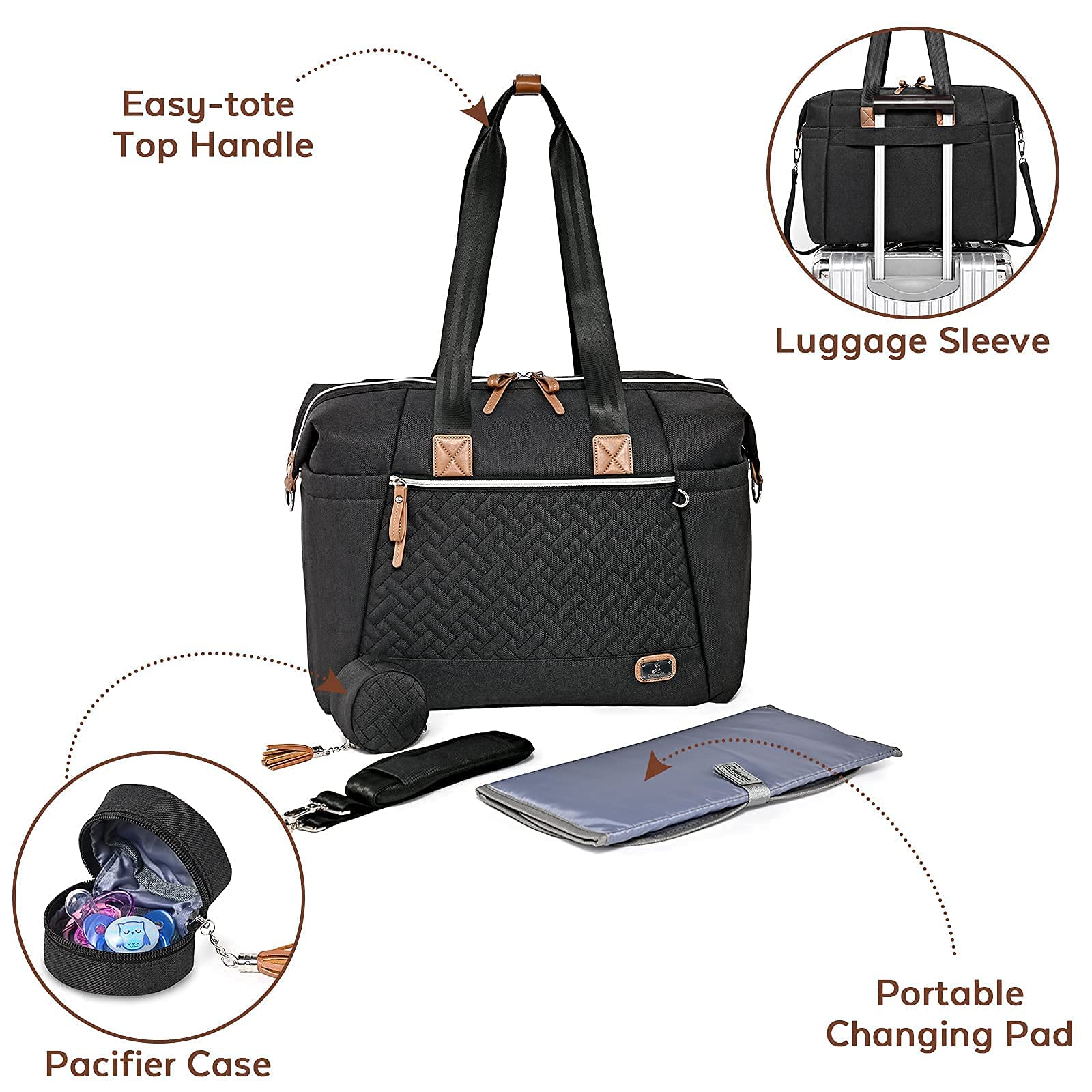 Dikaslon Diaper Bag Tote with 2 Pack Stroller Hooks, Pacifier Case and Changing Pad, Large Travel Diaper Tote for Mom and Dad, Multifunction Baby Bag for Boys and Girls