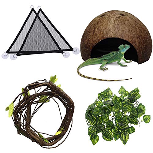 Hamiledyi Bearded Dragon Hammock Reptile Coconut Shell Bendable Jungle Climbing Vine and Leaves with Suction Cup Habitat Decor Accessories for Gecko Snakes Lizards and Chameleon(4Pcs)