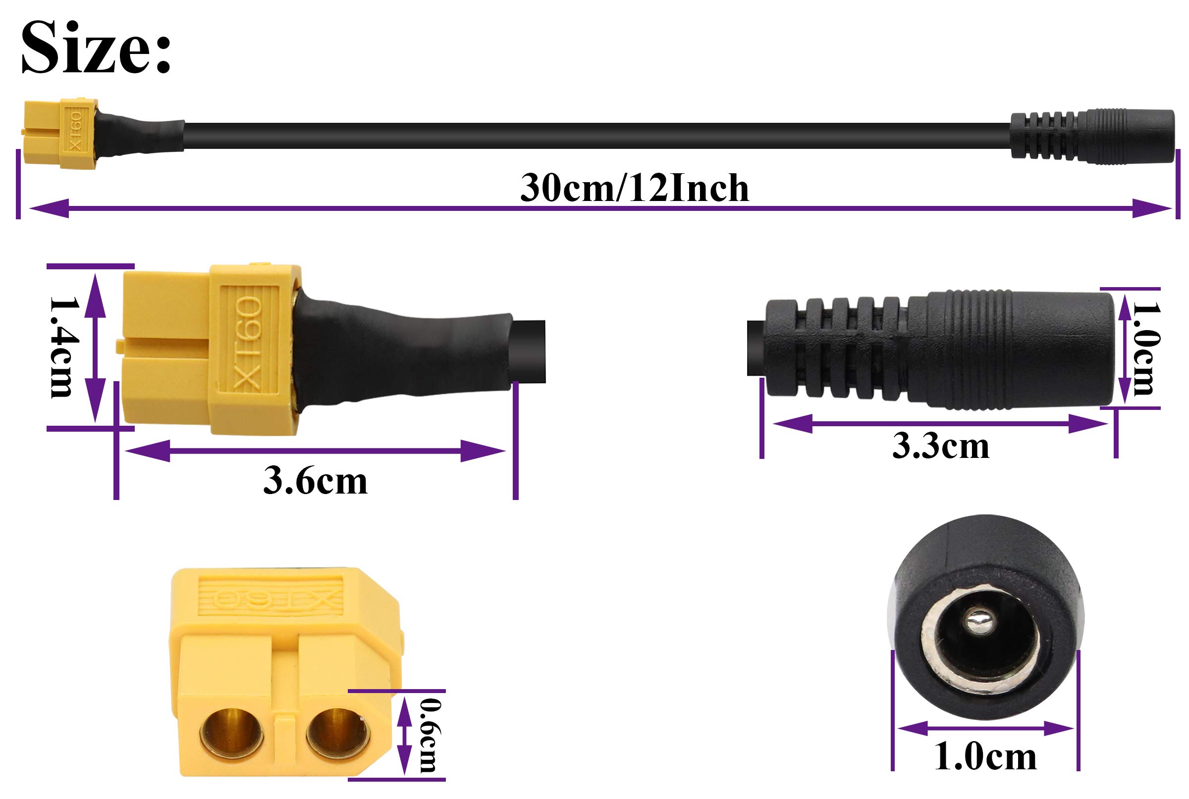 AAOTOKK XT60 to DC Adapter Cable XT60 Bullet Connector Female to DC 5.5mm X 2.5mm Female Power Jack Adapter Cable for TS100 Soldering Iron, FPV Monitor Power,Drone Power Cord.(30 cm-2Pack)