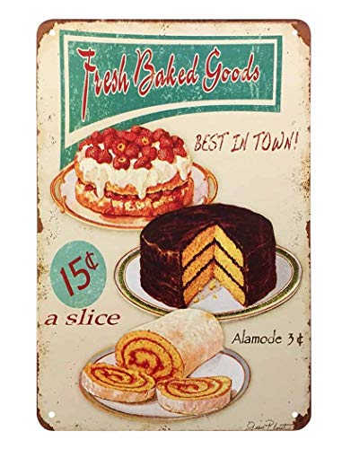AOYEGO Fresh Baked Goods Tin Sign,Cake Cream Ring Fresh Delicious Strawberry Fruit Food Chocolate Dessert Plate Vintage Metal Tin Signs for Cafes Bars Pubs Shop Wall Funny Retro Signs 8x12 Inch