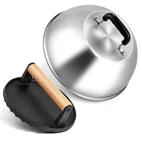 12” Melting Dome & 7” Burger Press Kit, Joyfair Basting Cover with Cast Iron Grill Press for Cheese Burger Bacon, Heavy Duty Griddle Accessories for Outdoor BBQ Flat Top Grilling, Dishwasher Safe