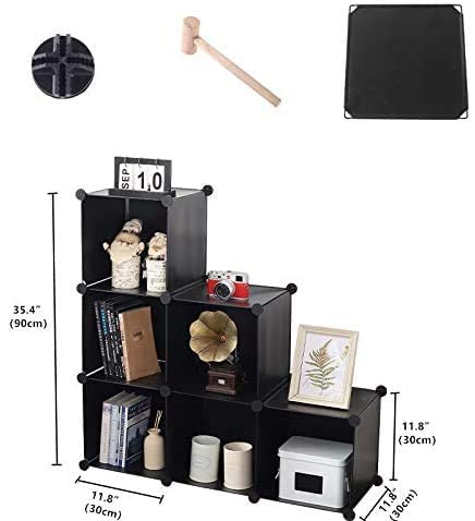 YCOCO Cube Storage Organizer 6-Cube Closet Storage Shelves with Wooden Mallet,Closet Cabinet Bookshelf,Plastic Square Cube Storage for Home,Office, Kids Room,Black