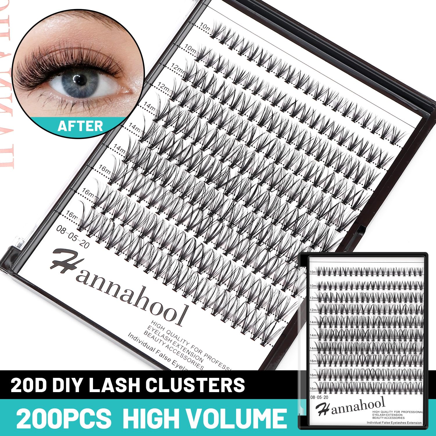 Hannahool 200Pcs 20Roots Individual False Lashes Mixed 8-10-12-14mm/9-11-13-15mm/10-12-14-16mm/16-18mm/18-20mm 0.07 Thickness Natural Cluster Lashes Makeup Volume Eye Lashes Extensions (10-12-14-16mm)