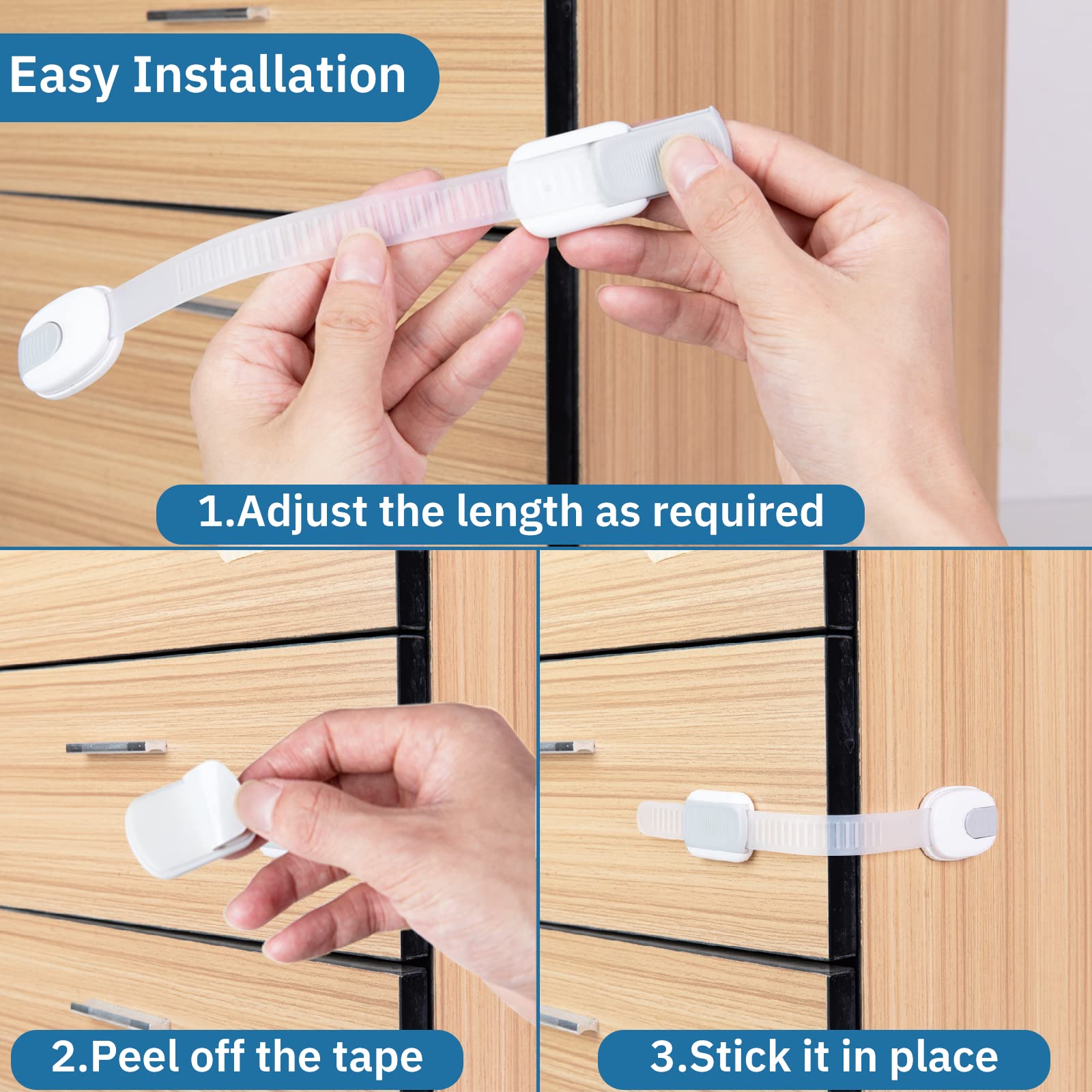 Mum & Cub Child Safety Strap Locks, Baby Proofing Locks for Cabinet, Drawer, Fridge, Toilet, Oven, Dresser and More, Strong Adhesive, Easy to Use (10 Locks, 10 Outlet Plug Covers)
