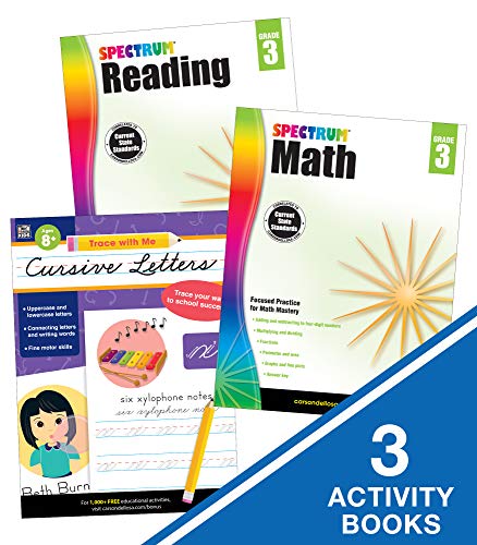 Carson Dellosa 3rd Grade Homeschool Learning Kit—Spectrum Reading and Math Workbooks, Cursive Handwriting Workbook, Division and Multiplication Flash Cards, Posters, and STEM Activities (8 pc)
