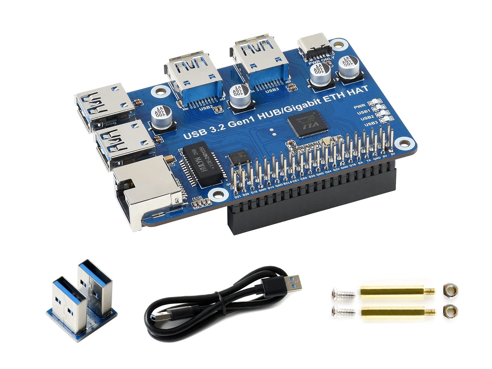 waveshare USB 3.2 Gen1 and Gigabit Ethernet HUB HAT for Raspberry Pi 4 B 3 B+ 3 B 2B Zero Zero 2 W Zero WH,3X USB 3.2 Gen1 Ports, 1x Gigabit Ethernet Port,Compatible with USB 3.0/2.0/1.1
