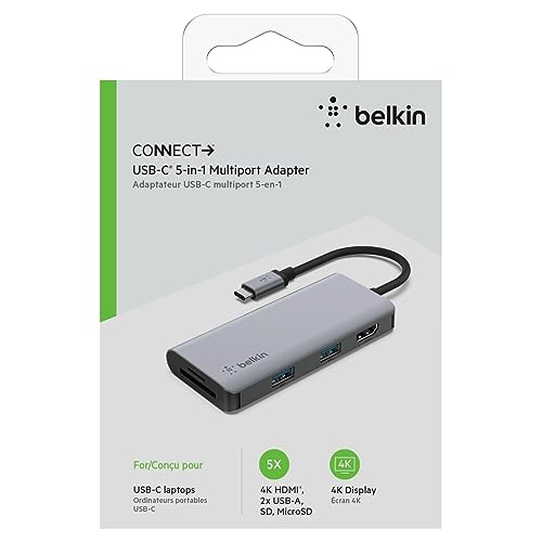 Belkin AVC007btSGY 5 in 1 USB-C Hub, 4K HDMI, 2 x USB3.0, SD/microSD Compatible with iPad/iPad Pro/iPad Mini/iPad Air/MacBook/MacBook Air/Android Tablets and More