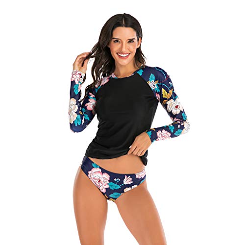 Missli Women Sunscreen Long Sleeve Floral Print Tankini Beach Surfing Suit Swimwear Bathing Suits Two Piece Swimsuits