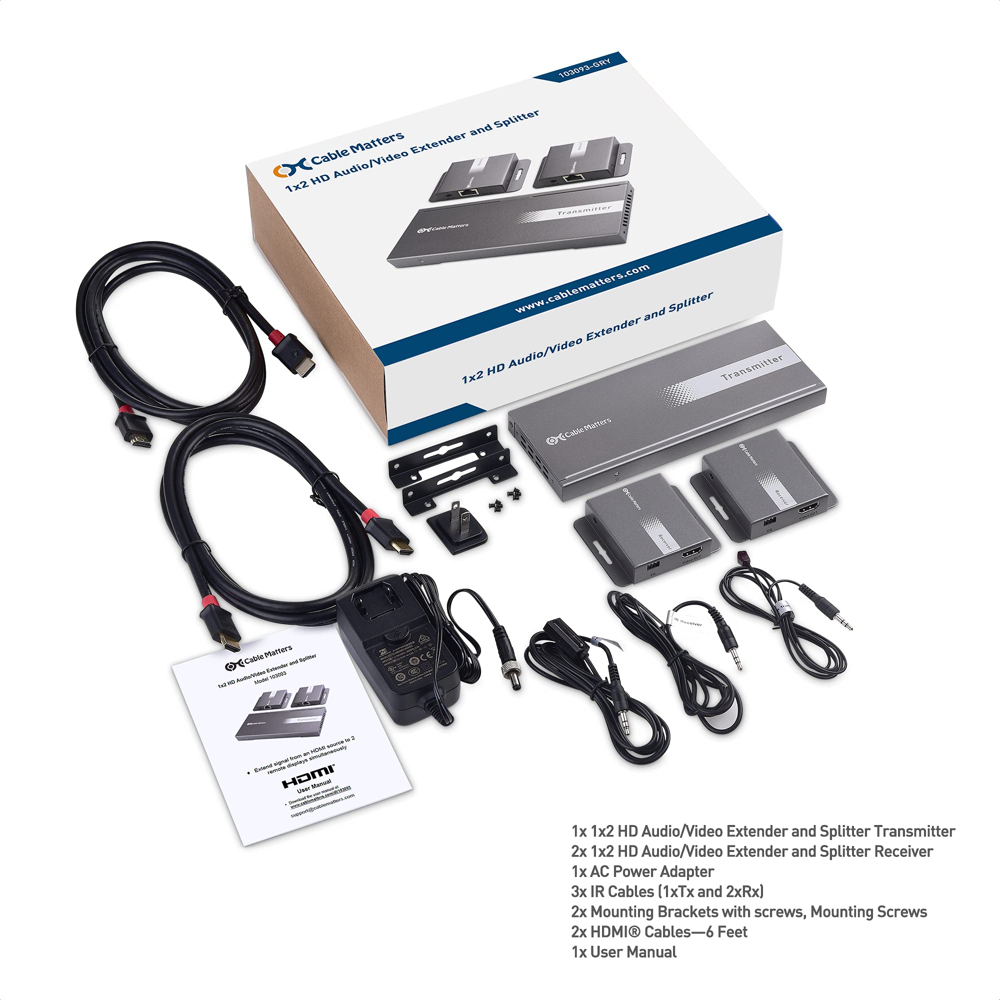 Cable Matters 4K 1x2 HDMI Extender Splitter (4K HDMI Over Ethernet Extender Kit) for 1-to-2 Setups β Supports 4K up to 131 Feet / 1080p up to 230 Feet