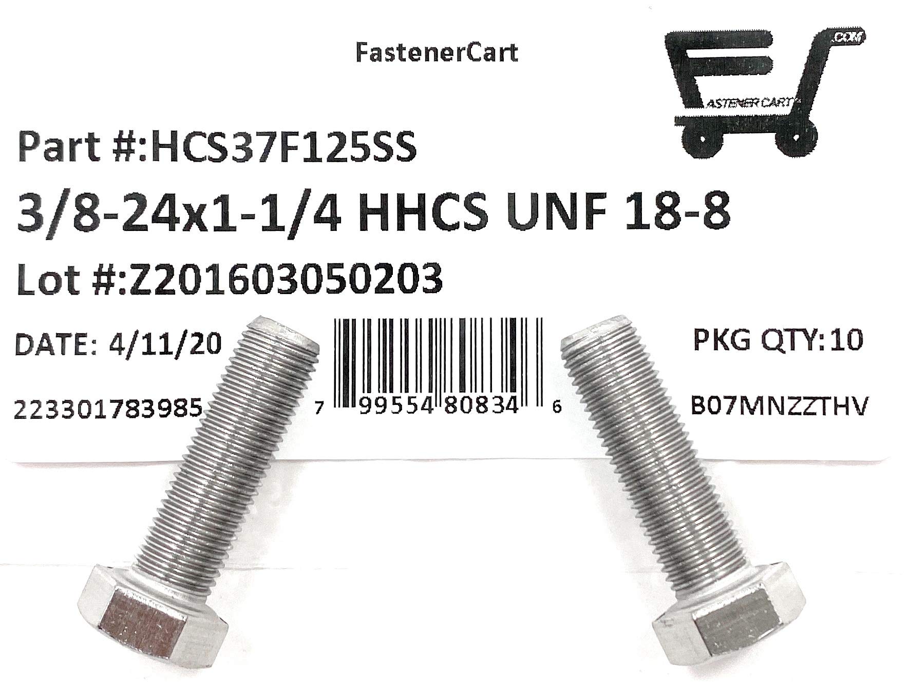 3/8-24x1-1/4 Stainless Steel Hex Cap Screws FT Hex Bolts 18-8 (UNF) FINE Thread (10 pcs)