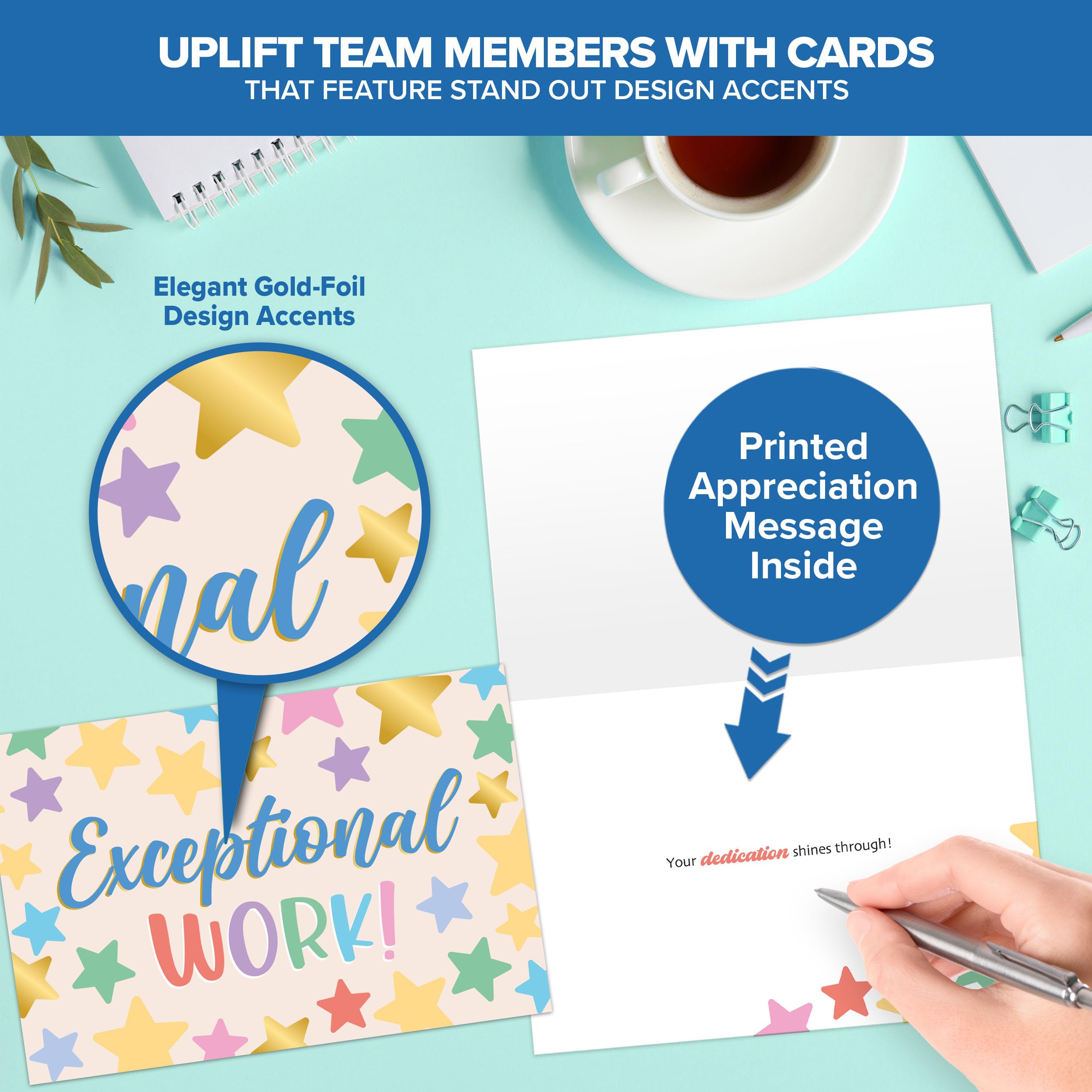 Decorably 24 Pack Gold-Foiled Employee Appreciation Cards with Envelopes & Stickers - 8 Designs Blank Inside Employee Appreciation Card, 6x4in Employee Thank You Cards for Employees Appreciation