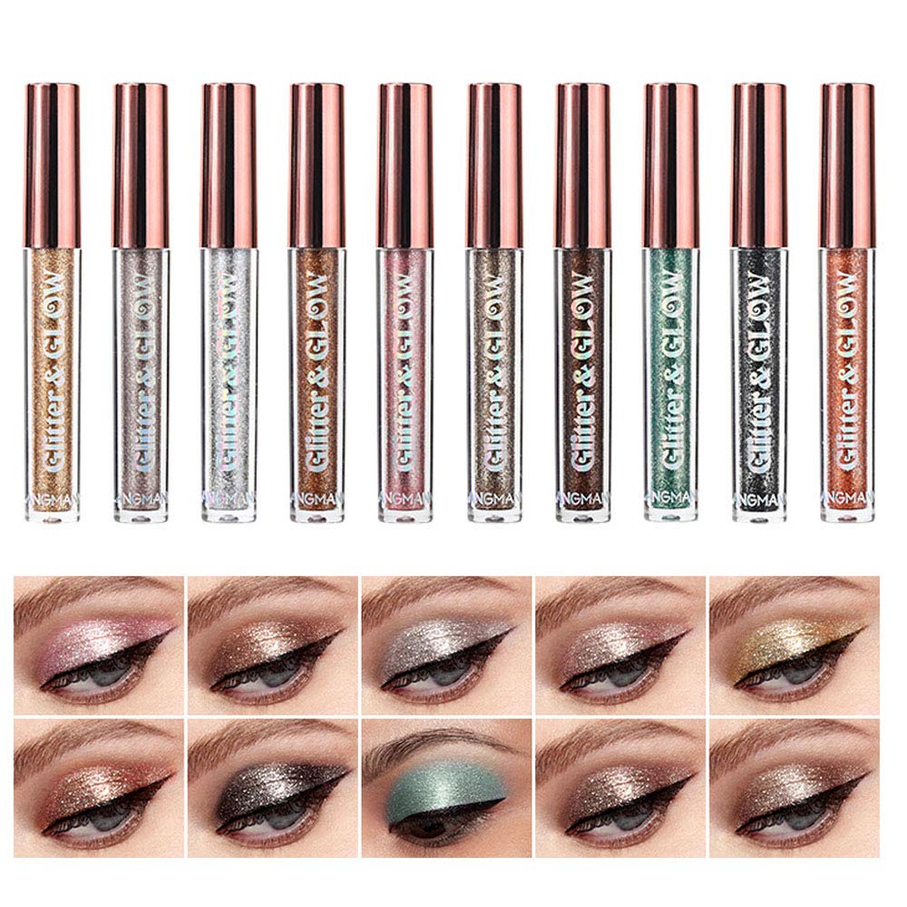 10 Colors Dazzling Glitter Liquid Eyeshadow Metallic Shiny Shimmer Long Lasting Waterproof Highly Pigmented Glow Eye Shadow Kit Sparkle Diamond Pearlescent Eye Makeup Cosmetic