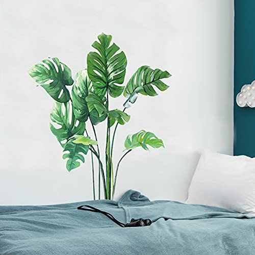 Monstera Leaf Wall Decals 2 PCS Palm Leaves Wall Stickers for Living Room, Green Tropical Plants Wall Decor Posters Vibrant Jungle Leaves Wallpaper for Bedroom Nursery