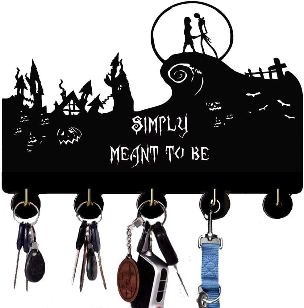 QianZhou-Uk Christmas Halloween Nightmare Decor Key Holder Wall Mounted Hooks for Decorative with 5 Black Metal Organizer Rack Hanger Entryway, Front Door, Hallway, 12X8.2inches (B)