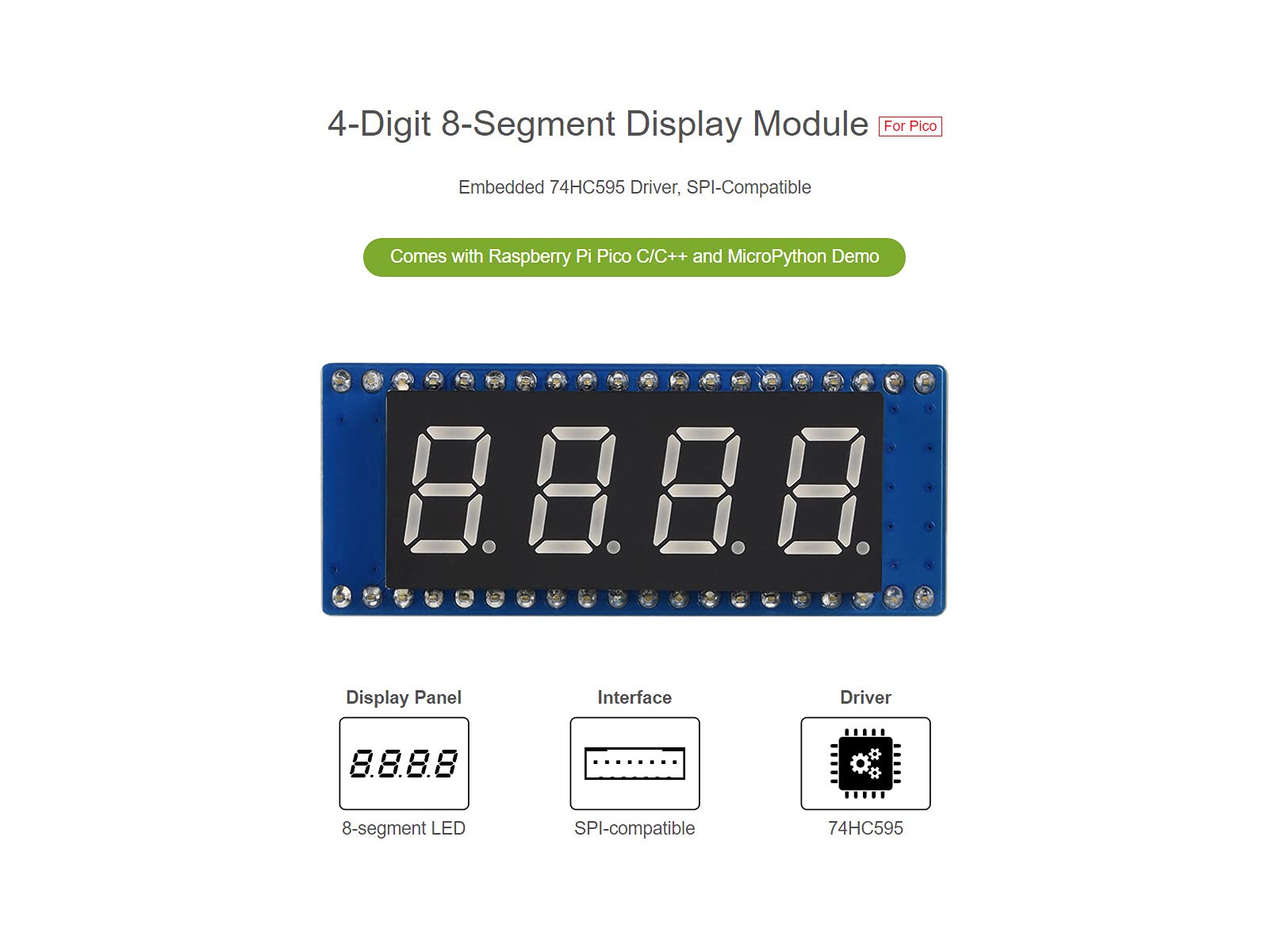waveshare 4-Digit 8-Segment Display Module for Raspberry Pi Pico Embedded 74HC595 Driver SPI-Compatible Comes with Raspberry Pi Pico C/C++ and MicroPython Demo