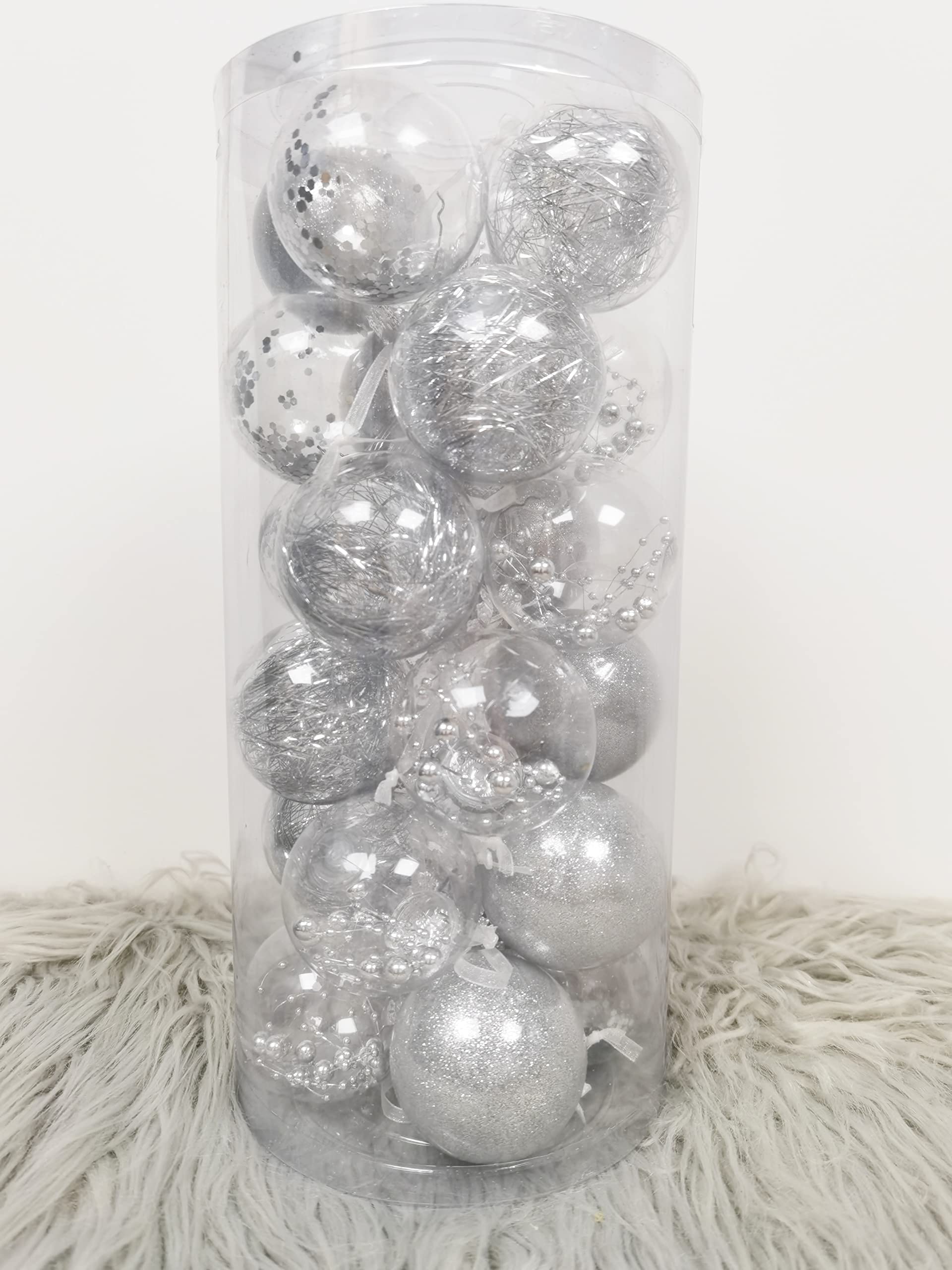24ct 60mm/2.36" Glitter Christmas Balls Ornaments Shatterproof Clear Plastic Fillable Sphere Balls Ornaments for Xmas Tree Home Decoration (Silver)