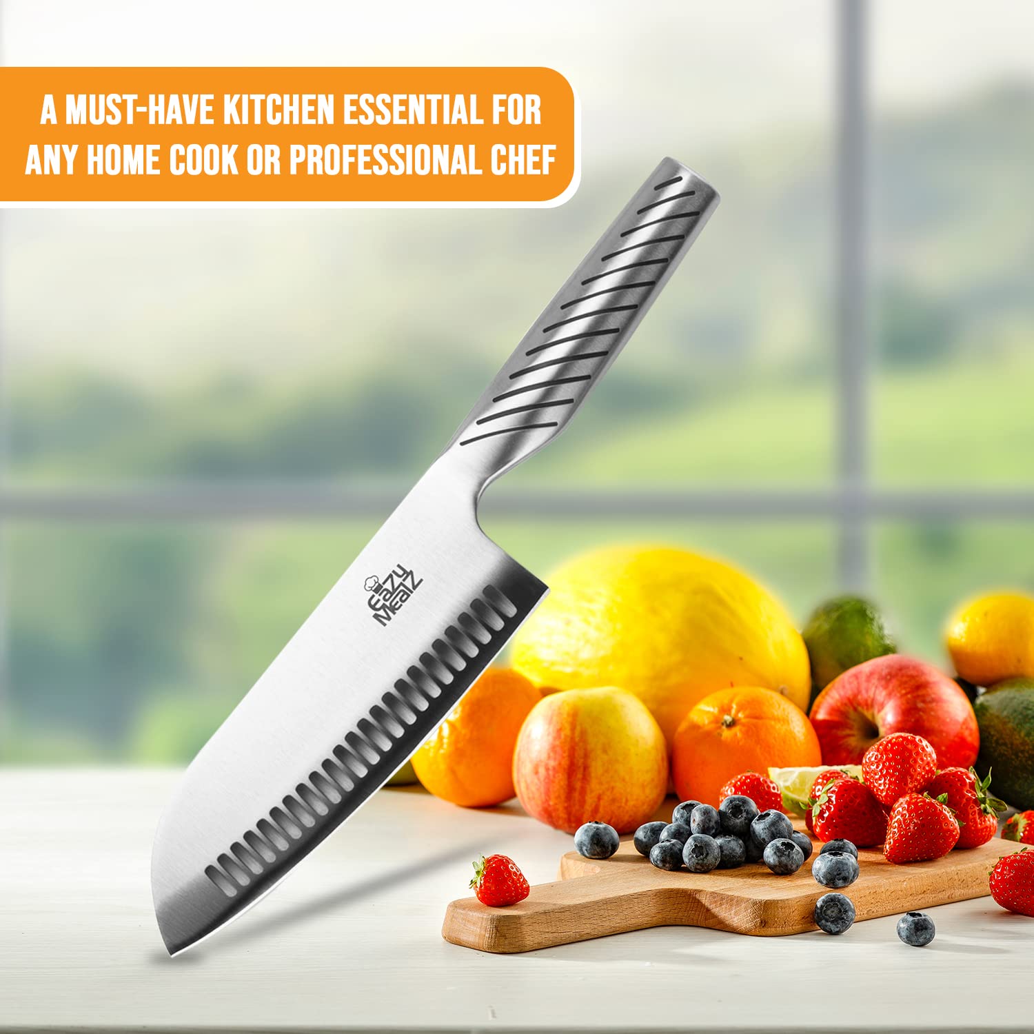 EaZy MealZ Super-Max Sharpness 2 Piece Knife Set | Stainless Steel | Non-Slip Comfort Grip | Professional Quality | All-Purpose | 7” Santoku & 4” Chef’s Knife
