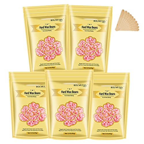 Bouvetan Hard Wax Beans for Painless Hair Removal, Rose Formula - 18oz, Waxing Beads for Face, Eyebrow, Armpit, Legs, Brazilian, Kit with 10pcs Wax Sticks