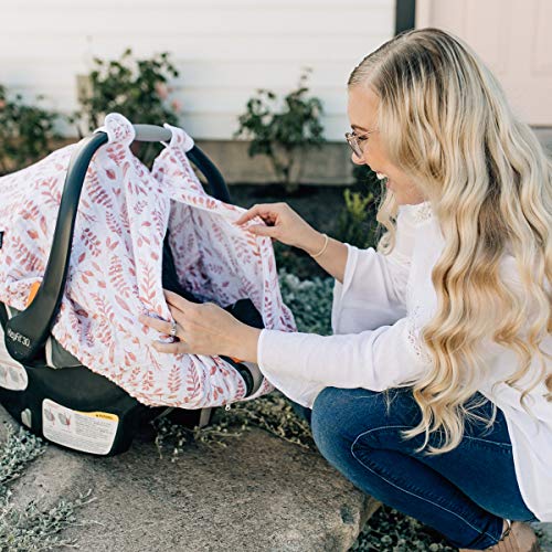 Bebe au Lait Classic Muslin Car Seat Cover, Easy Snap Straps, Fully Zippered Opening - Pink Leaves