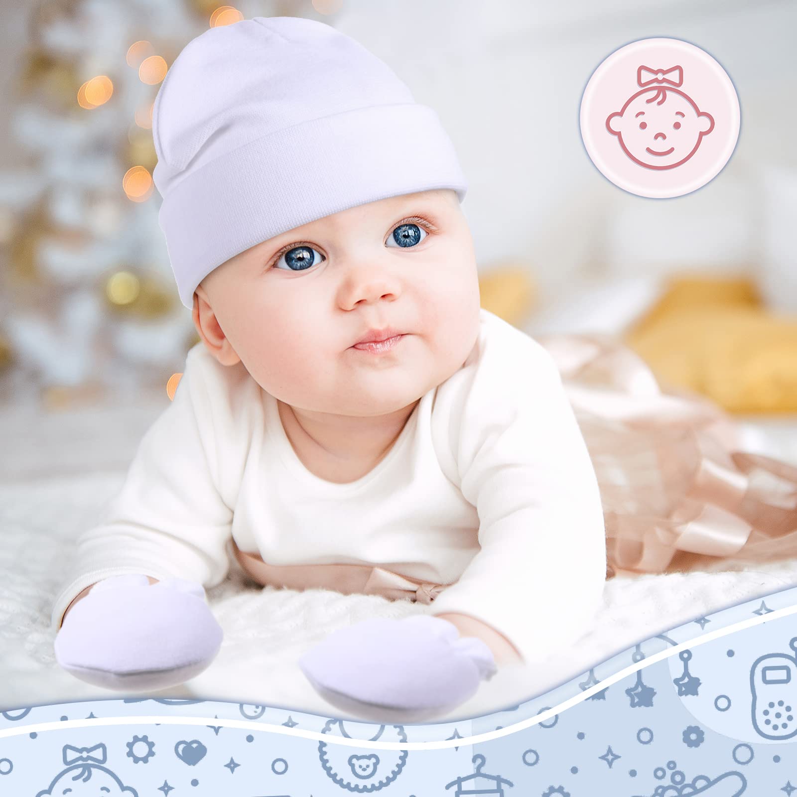 Boyiee 12 Pieces Baby Mittens Newborn Hats and Sock Infant Mittens Baby Caps Mittens Socks Set No Slip Ankle Socks(Blue and White)