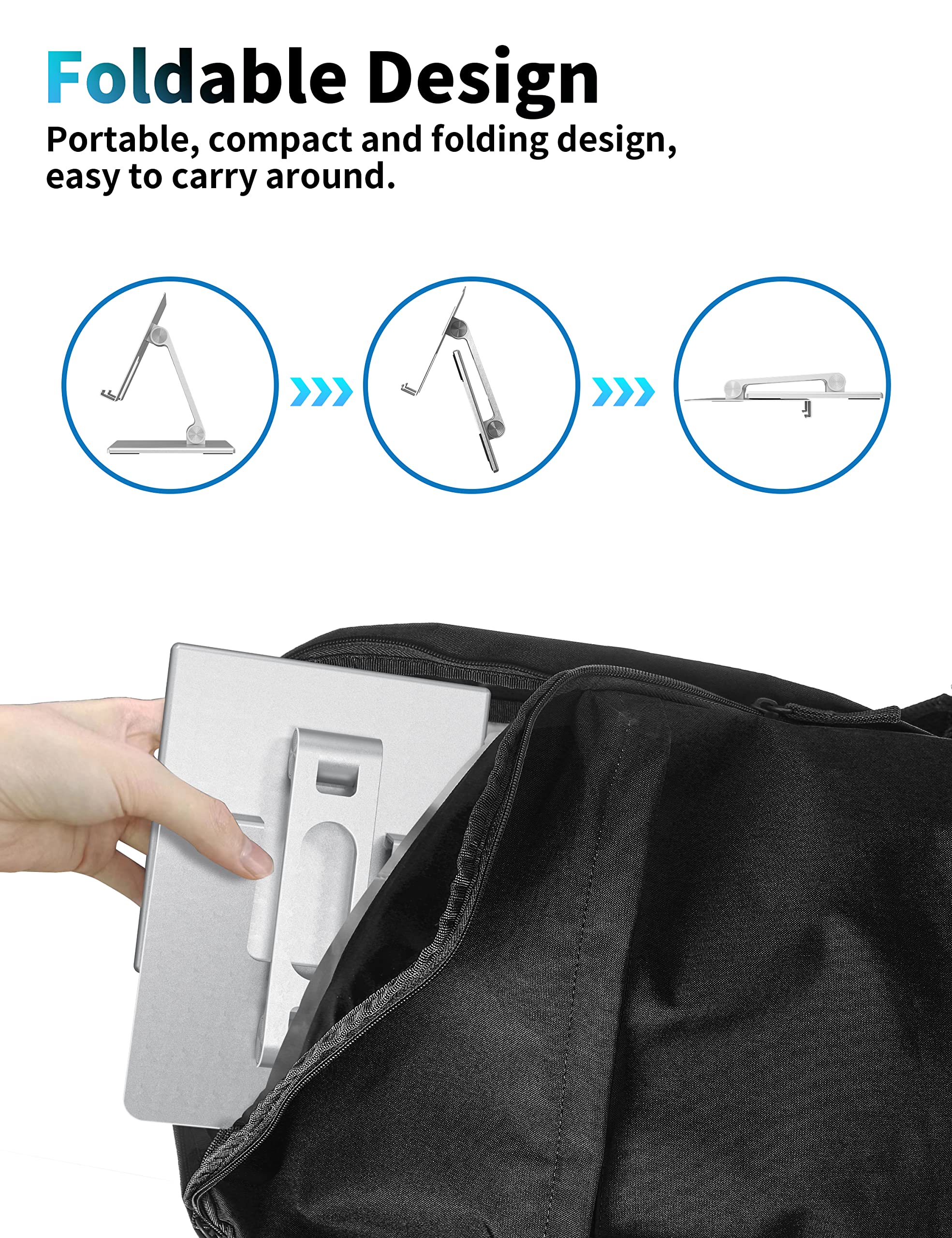 ALASHI Tablet Stand for Desk, Stable Holder with Heavy and Thickened Metal Base for Large Tablet Device, Multi-Angles Adjustable and Foldable, Universal Supports 4-13.3 Inches Tablet, Silver