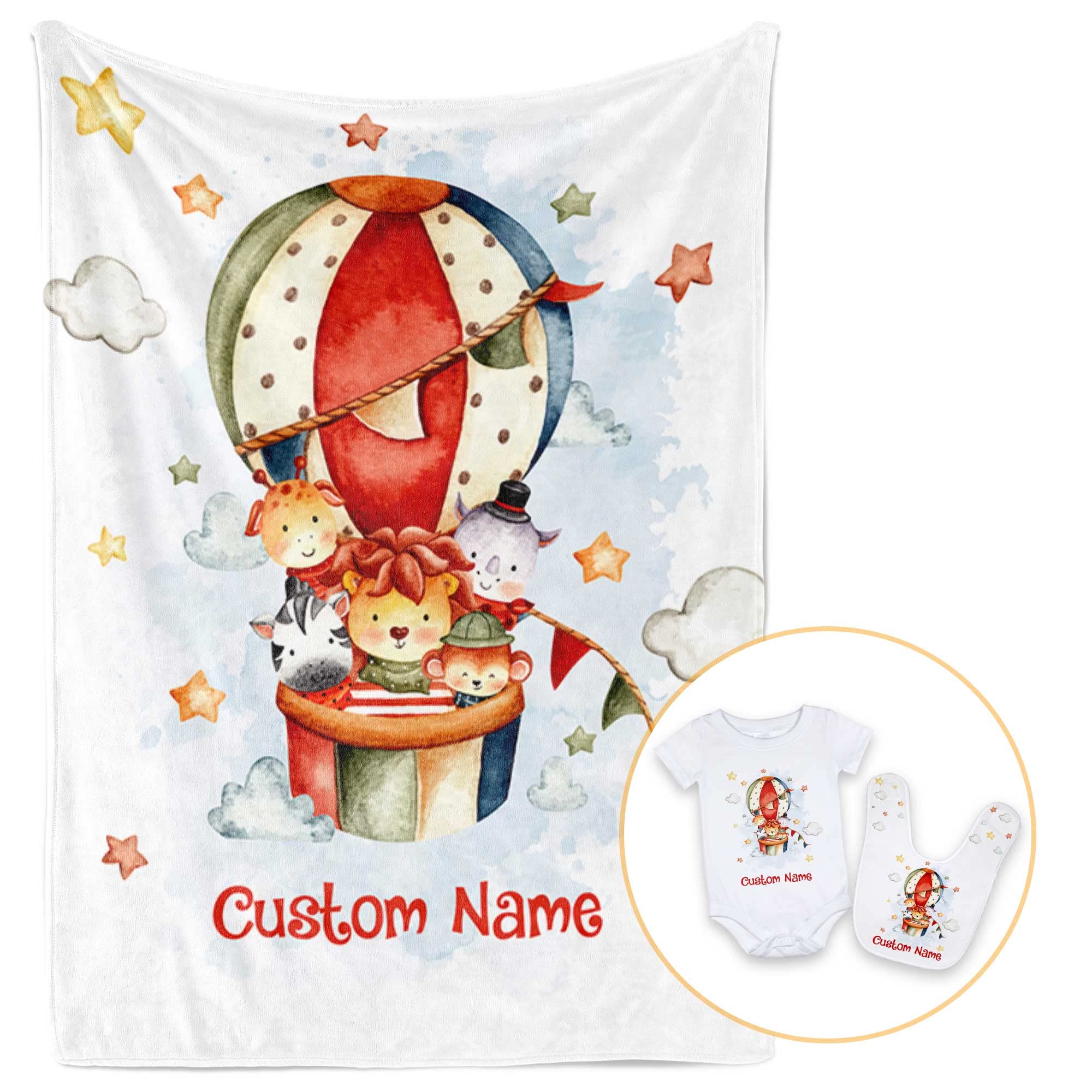 Pavo Personalized Safari Baby Blanket - Jungle Animals Baby Blanket - Customized Animals On Air Balloon - includes Bib & Onesie Option - Personalized Baby Gifts for Christmas, Thanksgiving, Shower