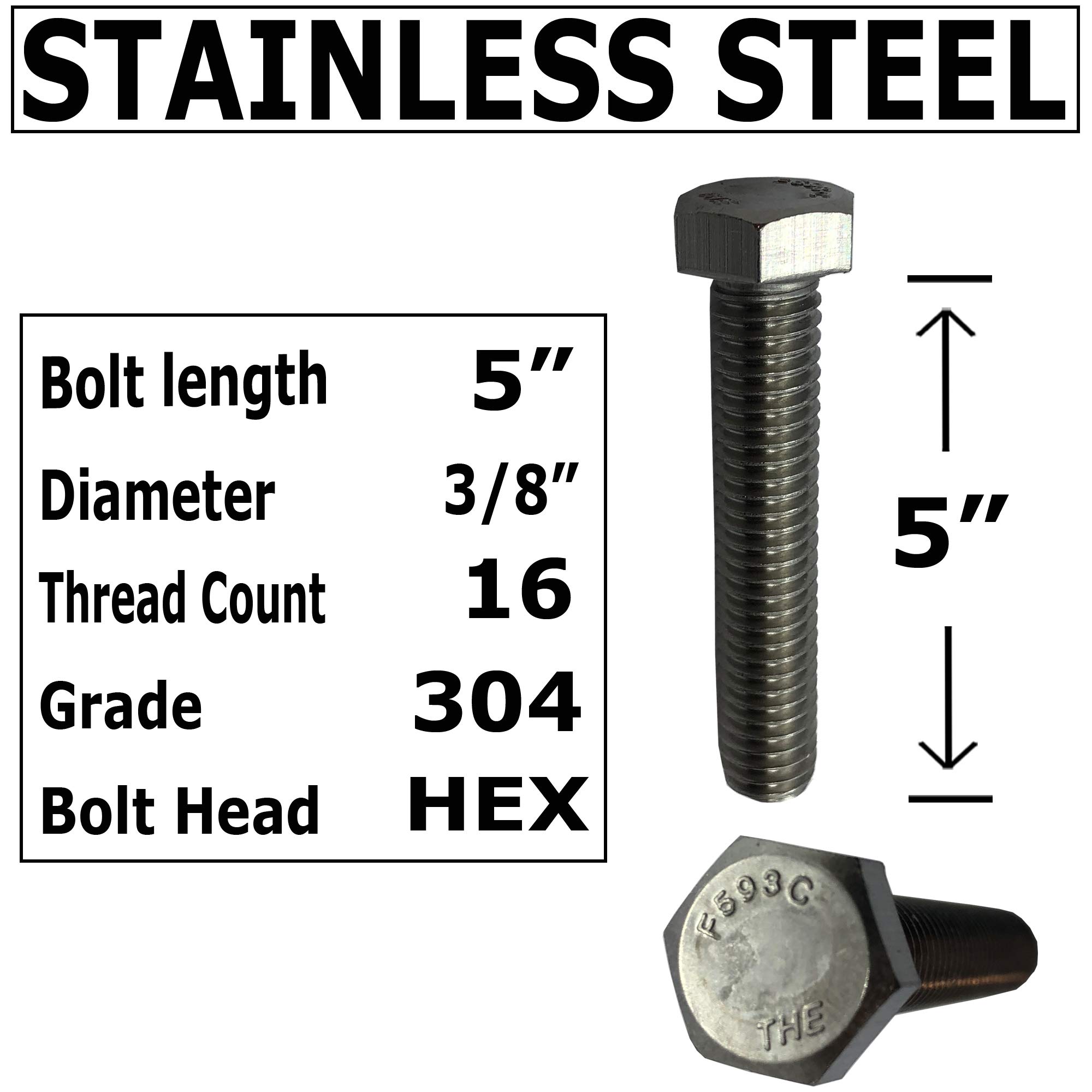 3/8" -16 x 5-304-STAINLESS Steel Bolts, Nuts & WASHERS - 18-8 HEX Head Bolt - 304 Grade. General Purpose (10) Bolts + (10) Nuts + (10) Washers