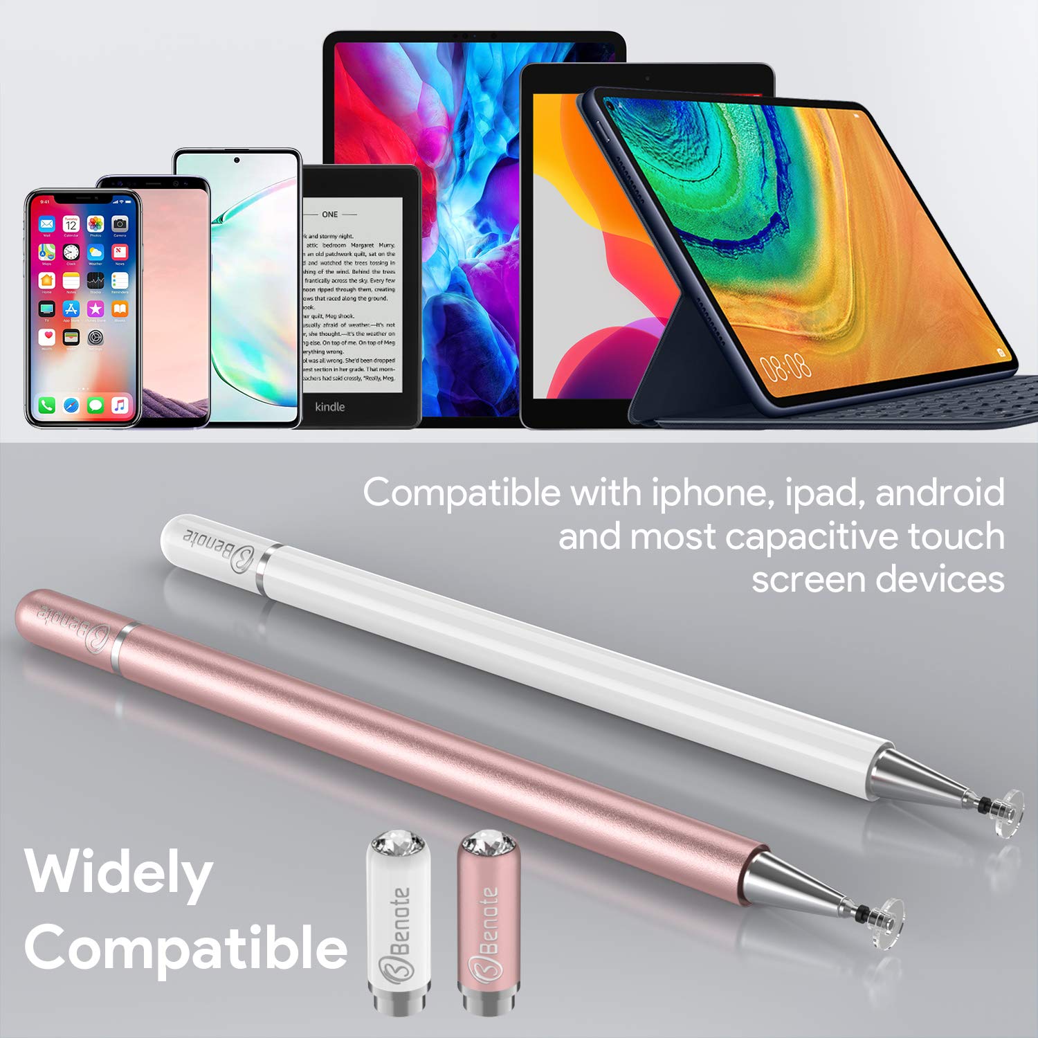 Benote Stylus Pen for Touch Screen, Fine Tip Stylus with Rubber Tip Disc Tip High Sensitivity Drawing Writing Tablet Pen for ipad, iPhone, Apple, Android, hp Chromebook, Phone - Rose Gold