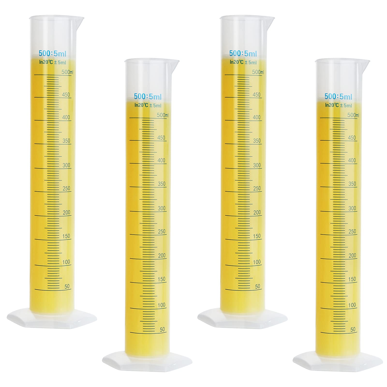AKOLAFE 4 Pack 500ml Plastic Graduated Cylinder, Transparent Measuring Cylinder Set, Science Measuring Test Tube Flask with 2-Sided Marking & Pour Spout, for Science Projects, Laboratory Supplies