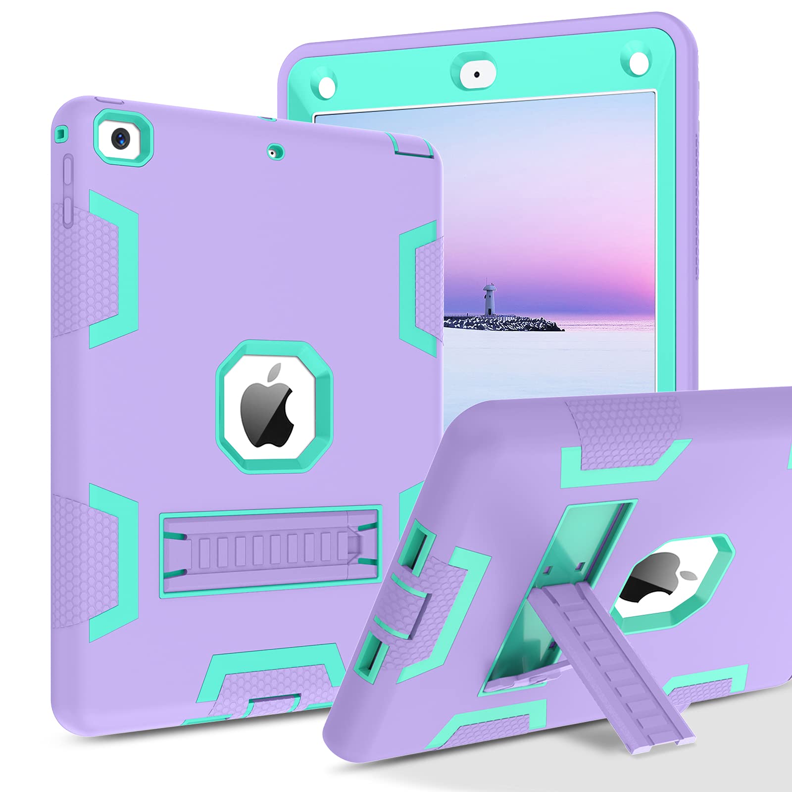 BENTOBEN for iPad 6th Generation Cases, iPad 5th Generation Case, iPad 9.7 2018/2017 Case, 3 in 1 Heavy Duty Rugged Shockproof Kickstand Protective Tablet Cover for iPad 9.7" 2018/2017, Purple/Green
