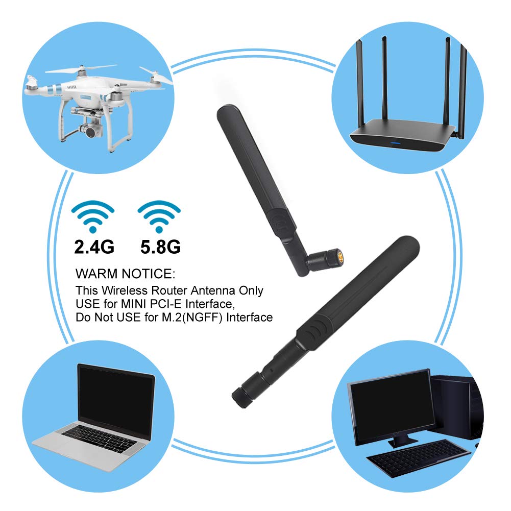 8dBi WiFi Antenna RP-SMA Male Wireless Network 2.4GHz 5.8GHz Dual Band with U.FL/IPEX to RP-SMA Female Pigtail Cable for Mini PCIe Card Wireless Routers, PC Desktop, Repeater, FPV UAV Drone, PS4-2PCS