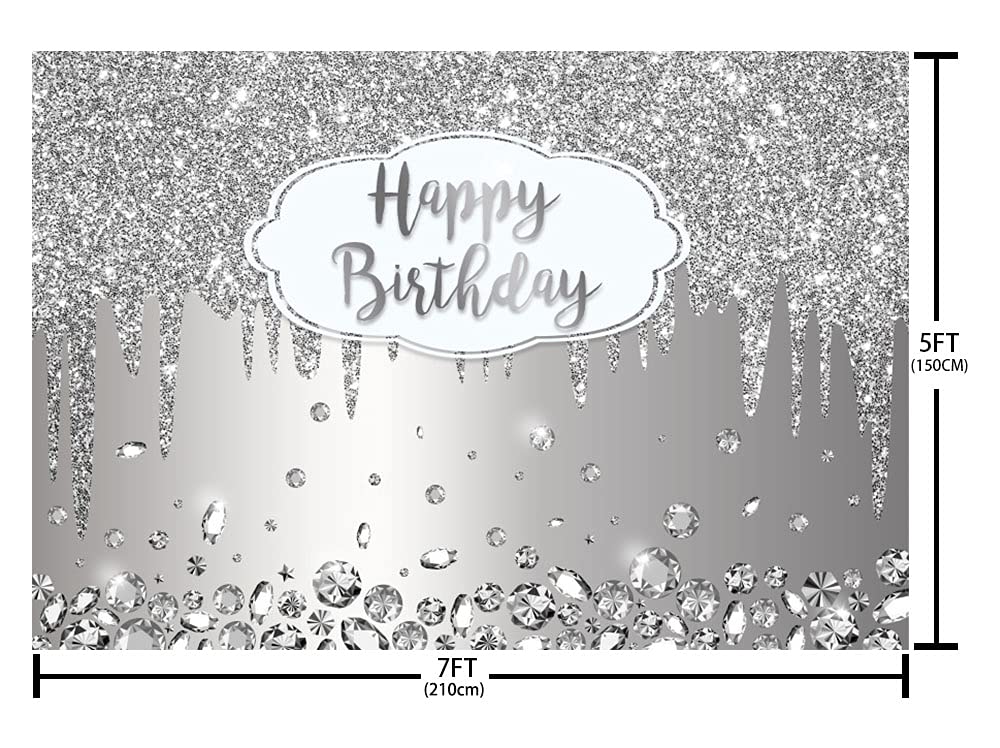 ABLIN 7x5ft Happy Birthday Backdrop Dripping Glitter Crystal Diamond Silver Photo Background Girls Women Bday Party Decorations Cake Table Banner Wall Decor Props