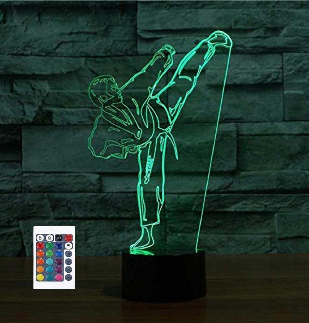 3D Gradient Karate Taekwondo Night Light Remote Control Touch Switch 16 Color Change LED Table Desk Lamp Acrylic Flat ABS Base USB Charger Home Decoration Toy Birthday Xmas Kid Children Gift