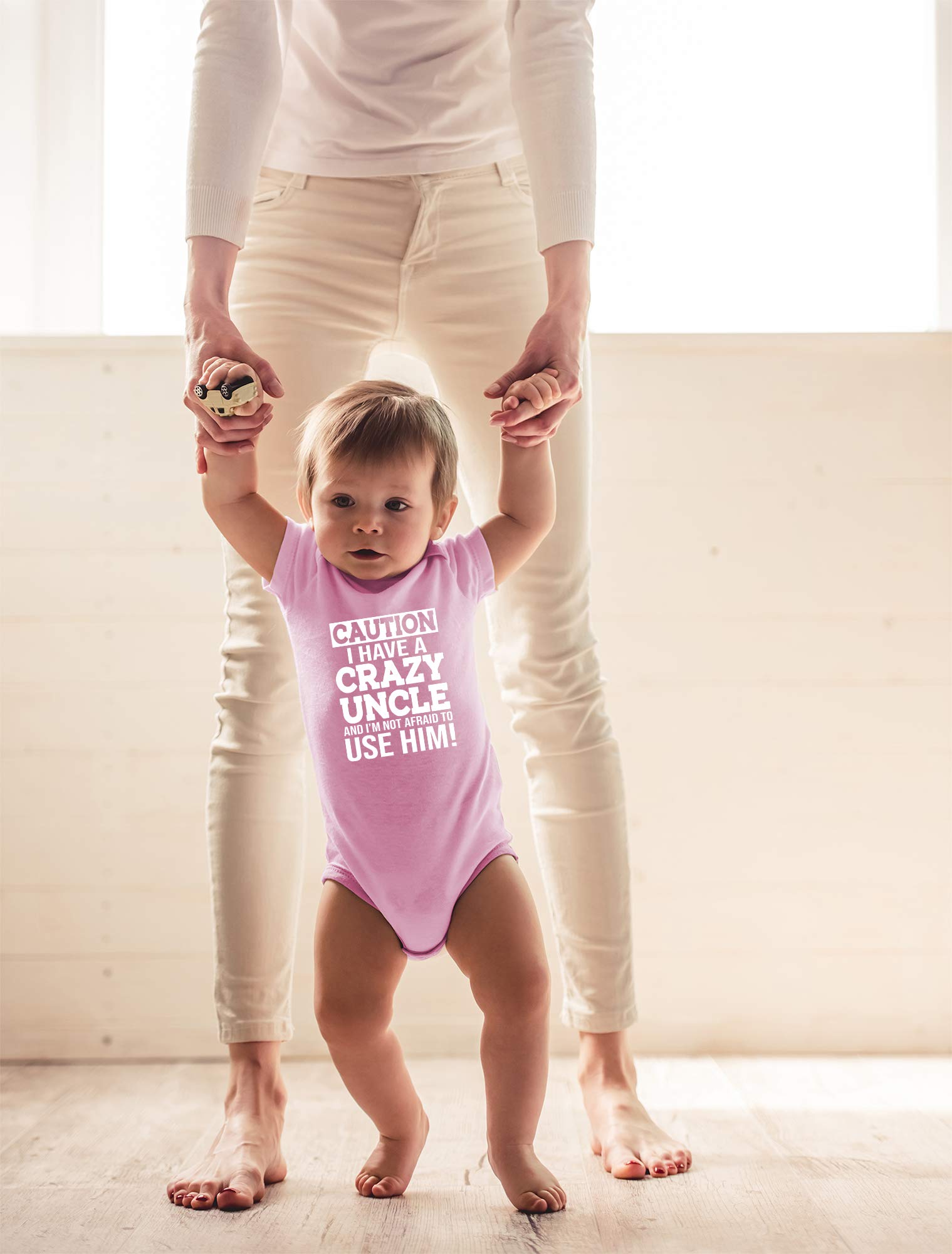 CBTwear Caution I Have a Crazy Uncle Not Afraid to Use Him Baby Bodysuit Cute Newborn Romper Clothes (Newborn, Pink)