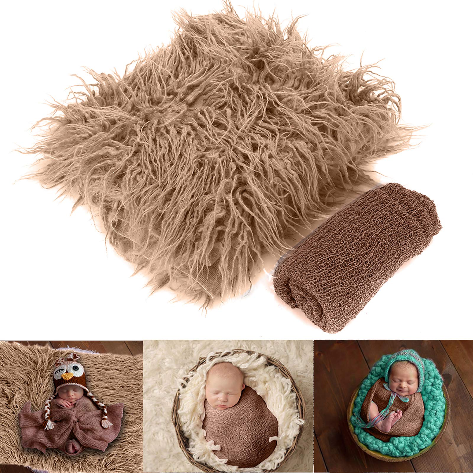 2Pcs Baby Newborn Photo Props Wraps & Photography Mat, DIY Newborn Baby Photo Blanket Swaddle Photography Props Wraps, Infant Soft Faux Fur Photography Backdrops Mat Rug for Baby Boys Girls