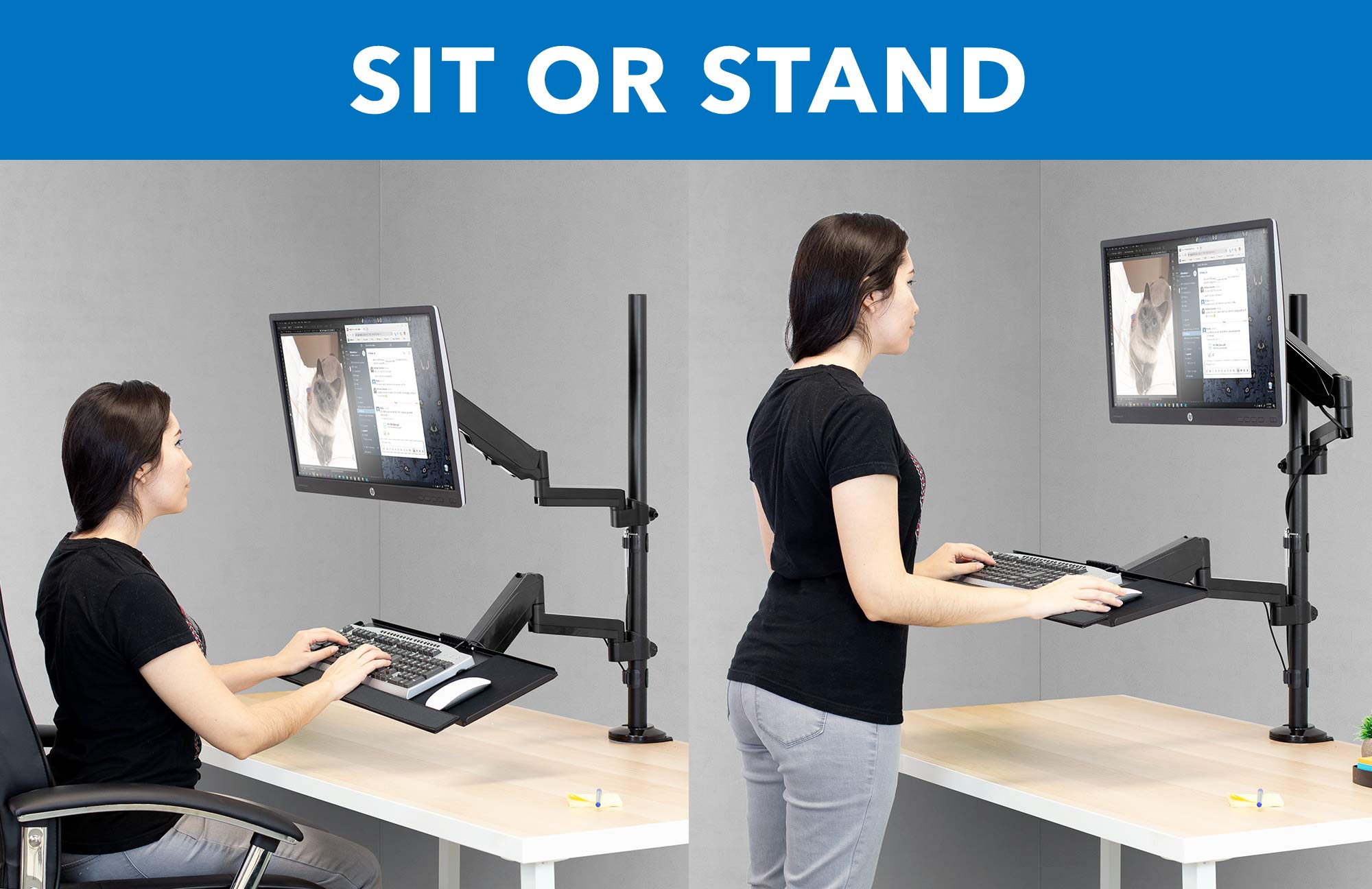 MOUNT-IT! Sit Stand Monitor Desk Mount [Fits 32" Screens] Height Adjustable, Full-Motion Articulating Arm with Keyboard Tray and Cable Management (Black)