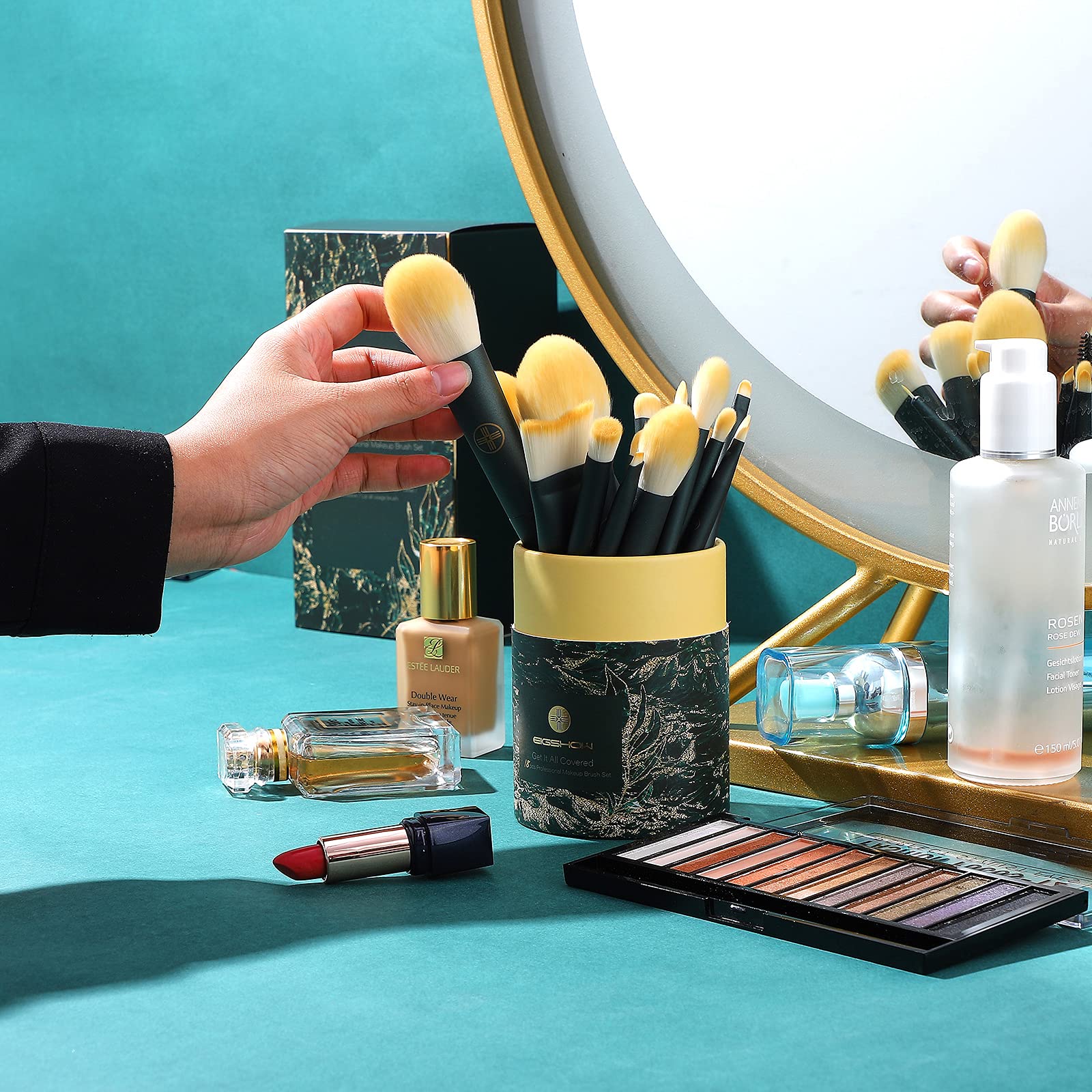 EIGSHOW Makeup Brushes 18pcs Professional Makeup Brush Travel Set with Eco Cylinder 2Cups Holder, Premium Synthetic Foundation Powder Concealer Blush Blending Eye Lip Brush Kit - Cruelty Free