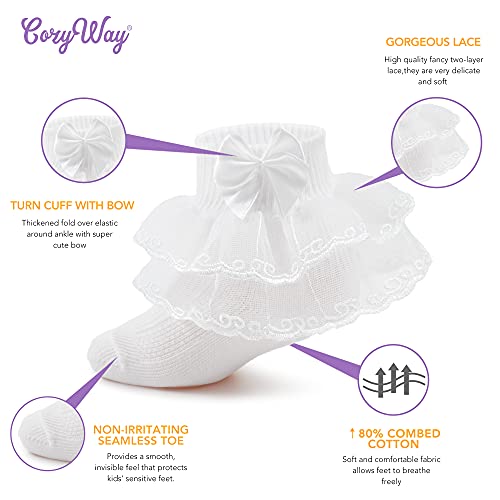 CozyWay Toddler Socks Lace Ruffle Baby Girl Socks Frilly Eyelet Trim Ankle Dress Socks 0-6 Months Multi Color - 3 Pack