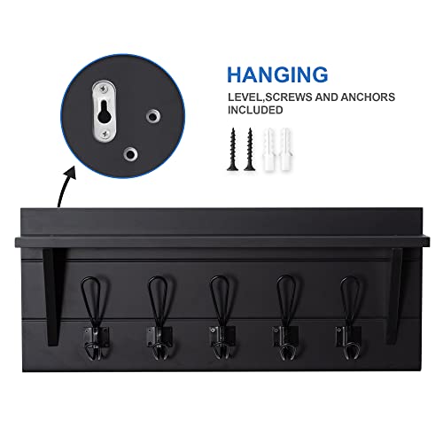 Zoopolyn Wall Shelf with Hooks Underneath 24ββ Long Wall Mounted Coat Rack with Shelf Coat Rack Wall Mount with Shelf Key Hooks for Wall Entryway Shelves for Wall 5 Triple Hooks Black
