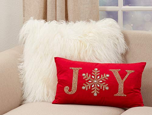 SARO LIFESTYLE Christmas Collection Beaded Joy Throw Pillow with Poly Filling, 12" x 20", Red, 9053.R1220BP