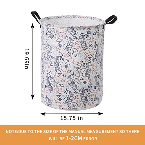 LOTADILO Laundry Basket Storage Baskets with Handle Nursery Hamper Collapsible Large Sized Round Bin for Bedroom, Kids Boys and Girls, Office, Clothes,Toys (Unicorn)