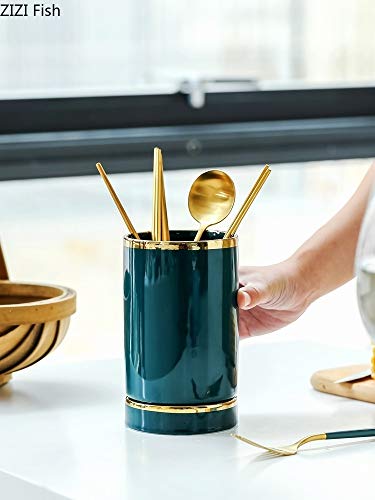 ZSQAI Ceramic Green Chopsticks Canister Ceramic Household Kitchen Utensils Cutlery Chopsticks Drain Basket Storage Rack