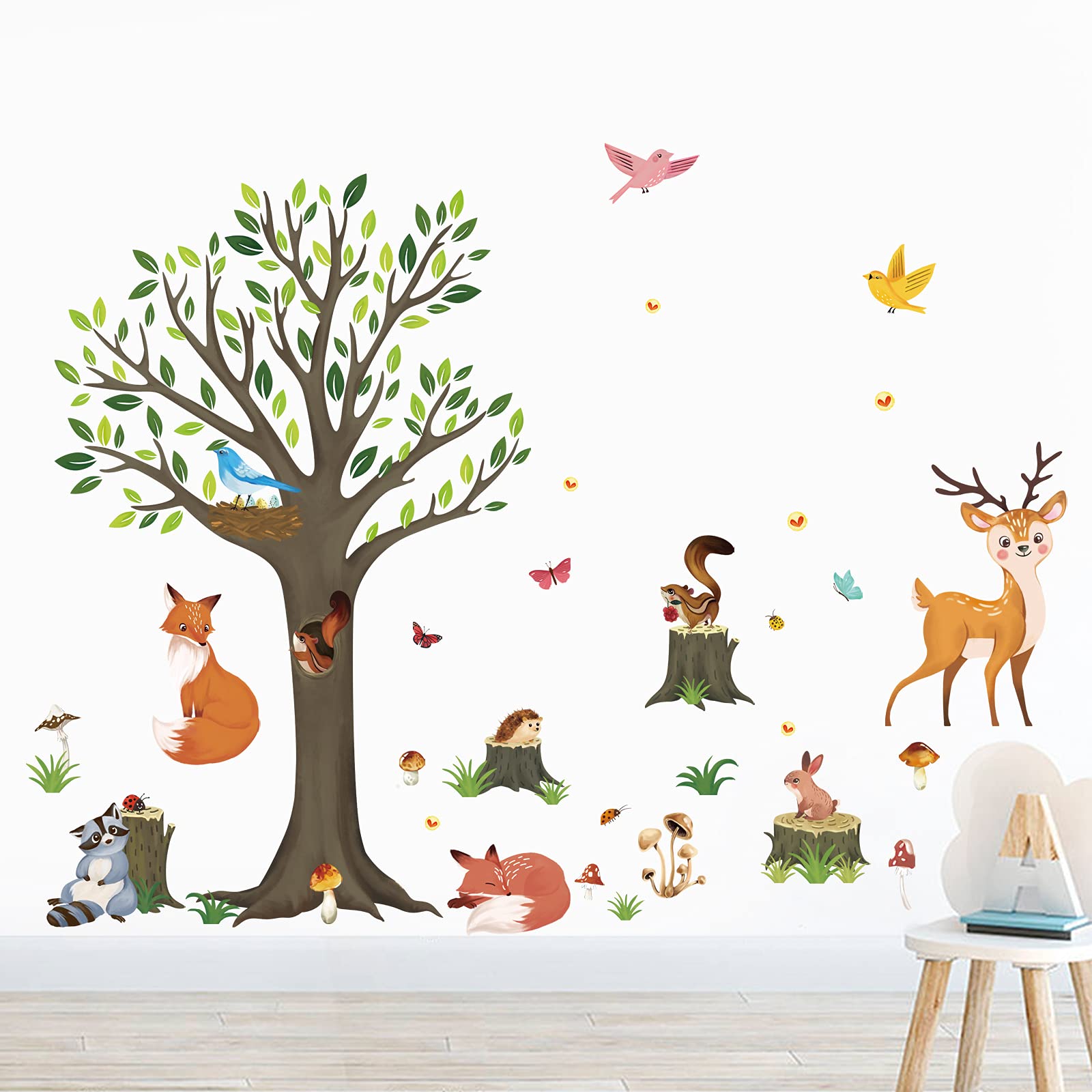 decalmile Animal Forest Tree Wall Stickers Fox Bird Deer Wall Decoration Bedroom Kids Baby Nursery