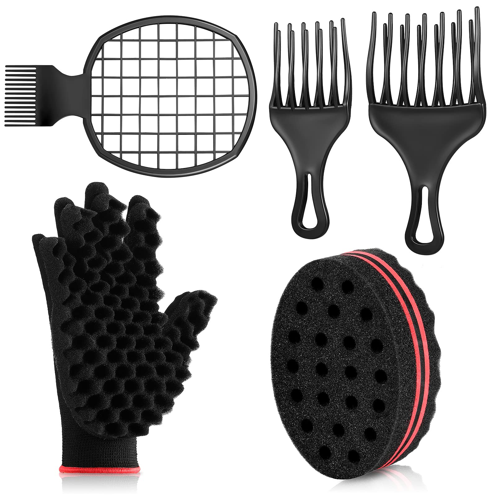 5 Pieces Afro Twist Hair Comb Set Includes Hair Twist Comb Hair Pick Afro Comb Hair Pick Comb Hair Curly Sponge Glove and Twist Wave Barber Tool Twist Wave Curl Brush for Natural Hair (Red Black)