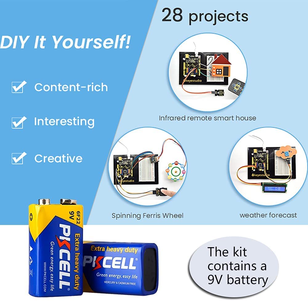 KEYESTUDIO Starter Kit for Arduino with Plus Controller Board,28 Programming Projects Tutorial,Compatible with Arduino IDE,DIY Electronics Kit for Beginners Kids Adults