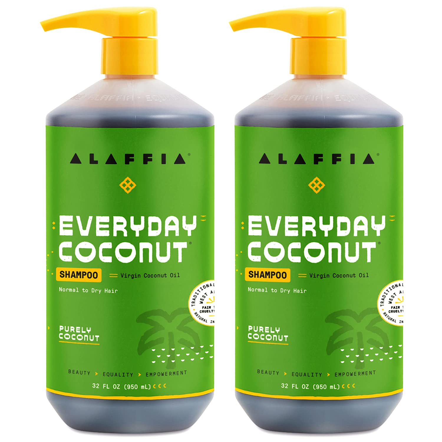 Alaffia EveryDay Coconut Shampoo, Gentle Cleansing Shampoo for Normal to Dry Hair, Made with Coconut Oil Rich in Vitamin E, No Parabens or Phthalates, Coconut, 2 pack - 32 Fl Oz Ea